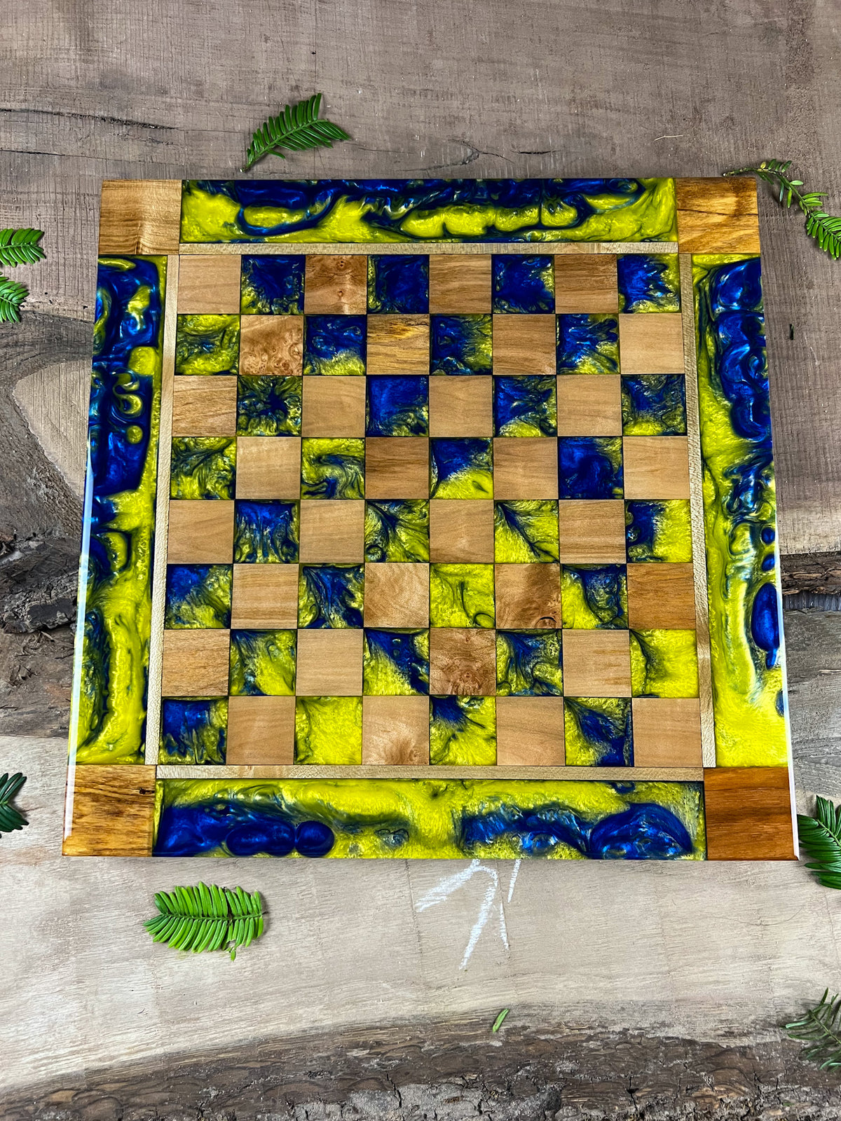 Golden Blue Maple Wood Chess Board (Glass Chess Set Included ...