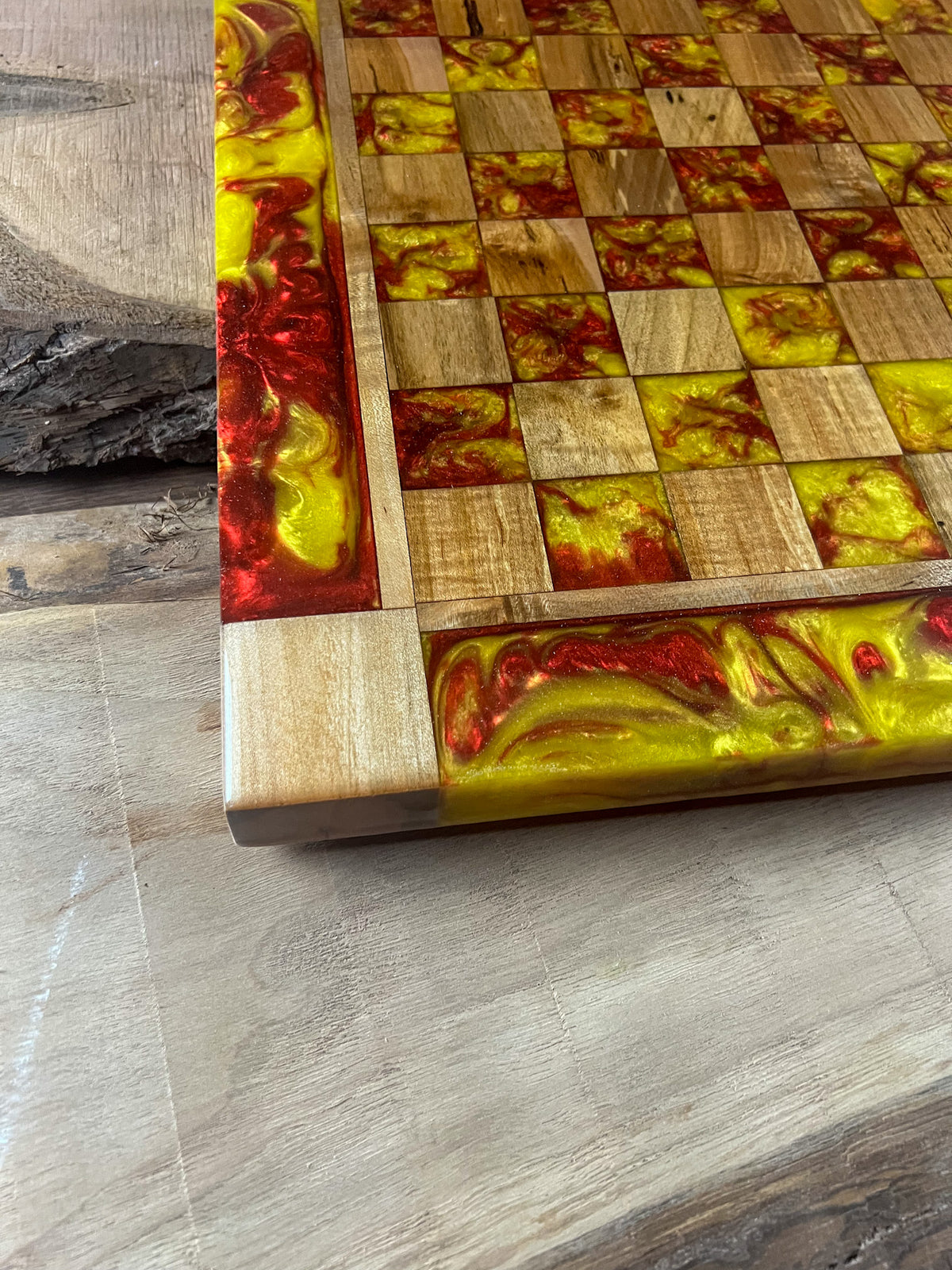 Vivid Yellow Red Lava Maple Wood Chess Board (Glass Chess Set Included ...