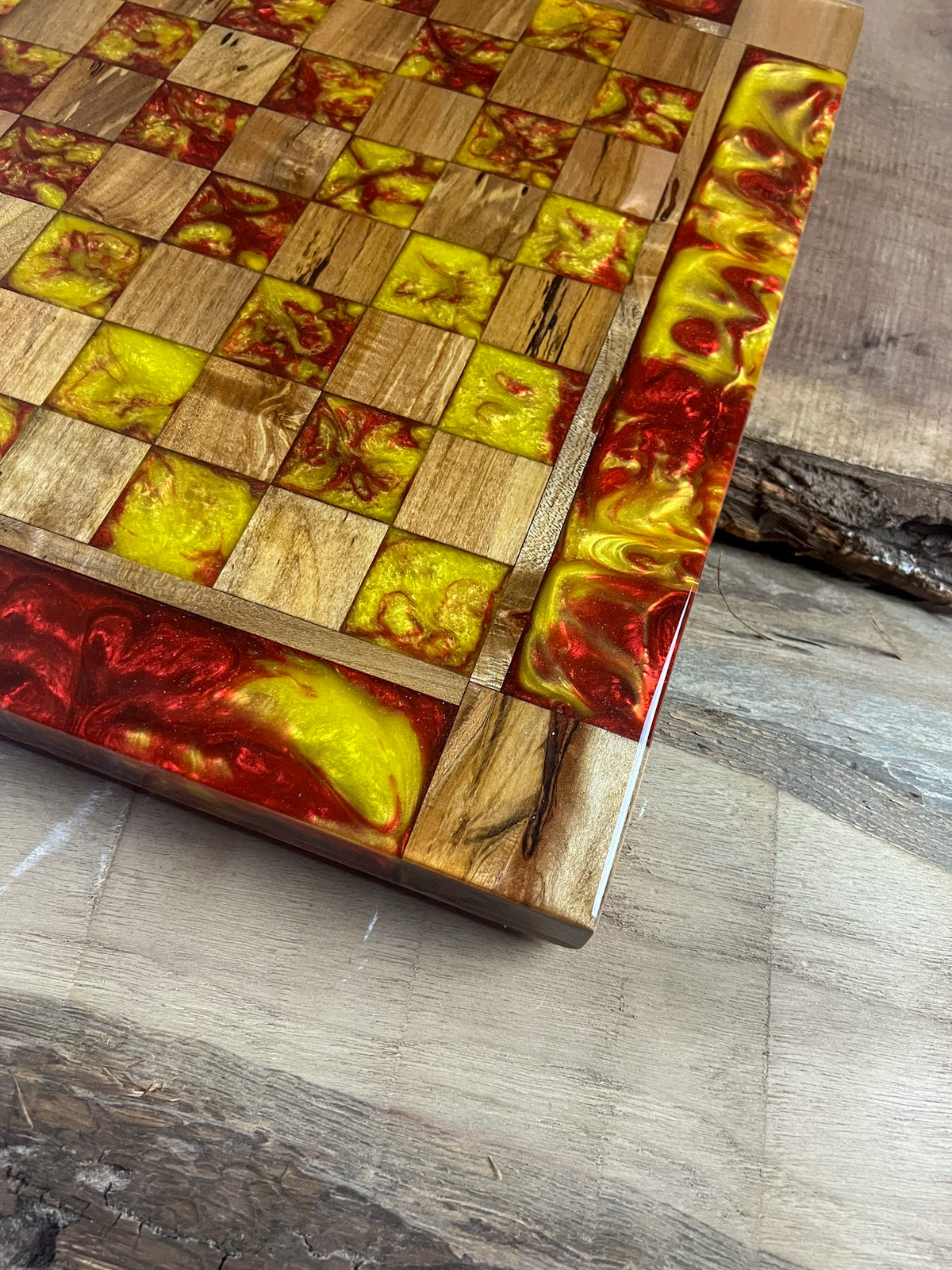 Vivid Yellow Red Lava Maple Wood Chess Board (Glass Chess Set Included ...