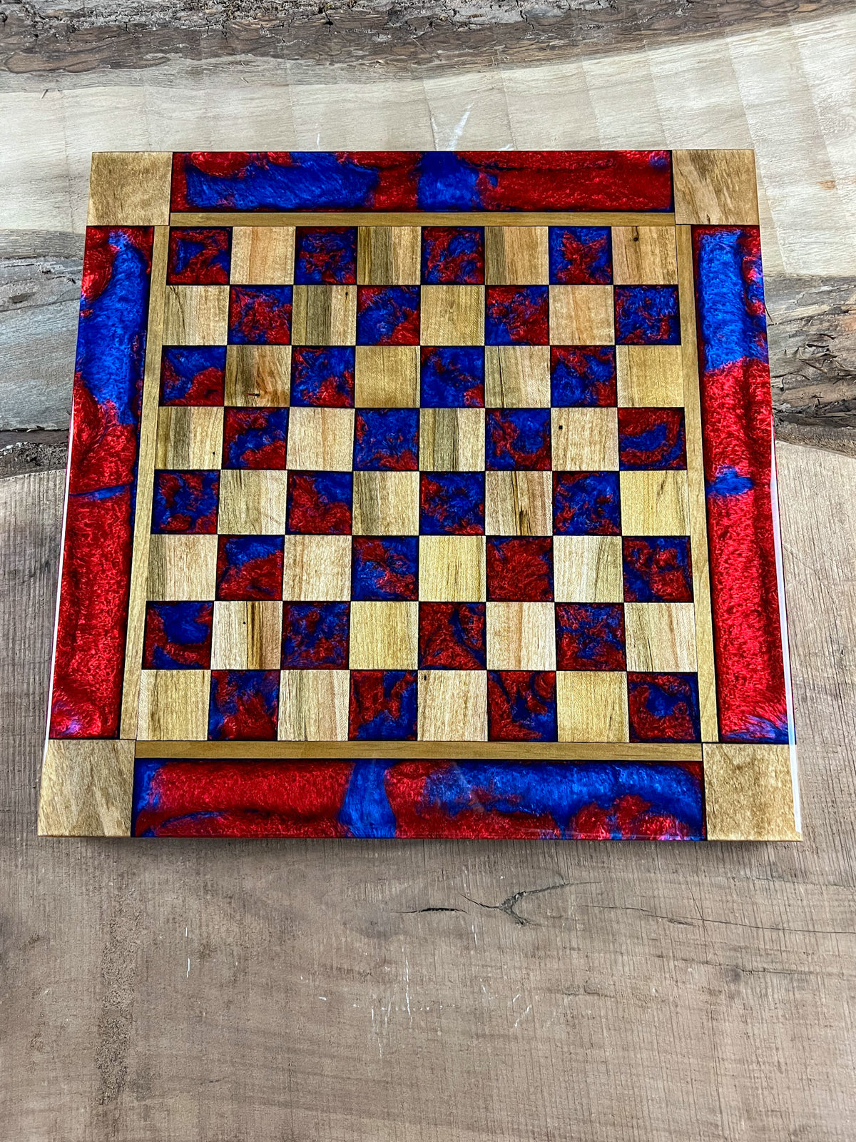 Deep Blue Red Lava Maple Wood Chess Board (Glass Chess Set Included ...